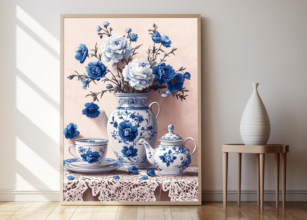 Russian Gzhel Porcelain Illustration, Blue Floral Ornament Art Print - Etsy