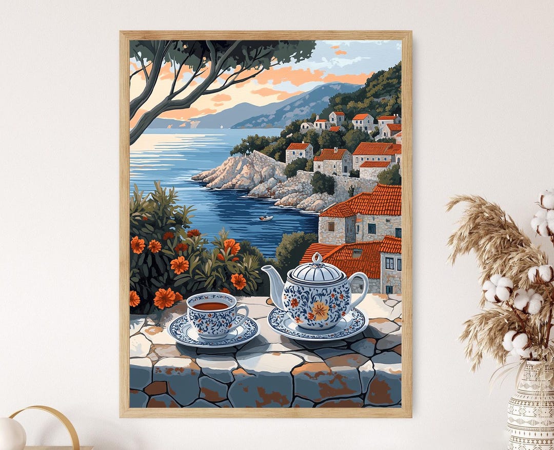 Croatian Tea Set Art Print, Dalmatian Coastal Terrace Decor Poster - Etsy