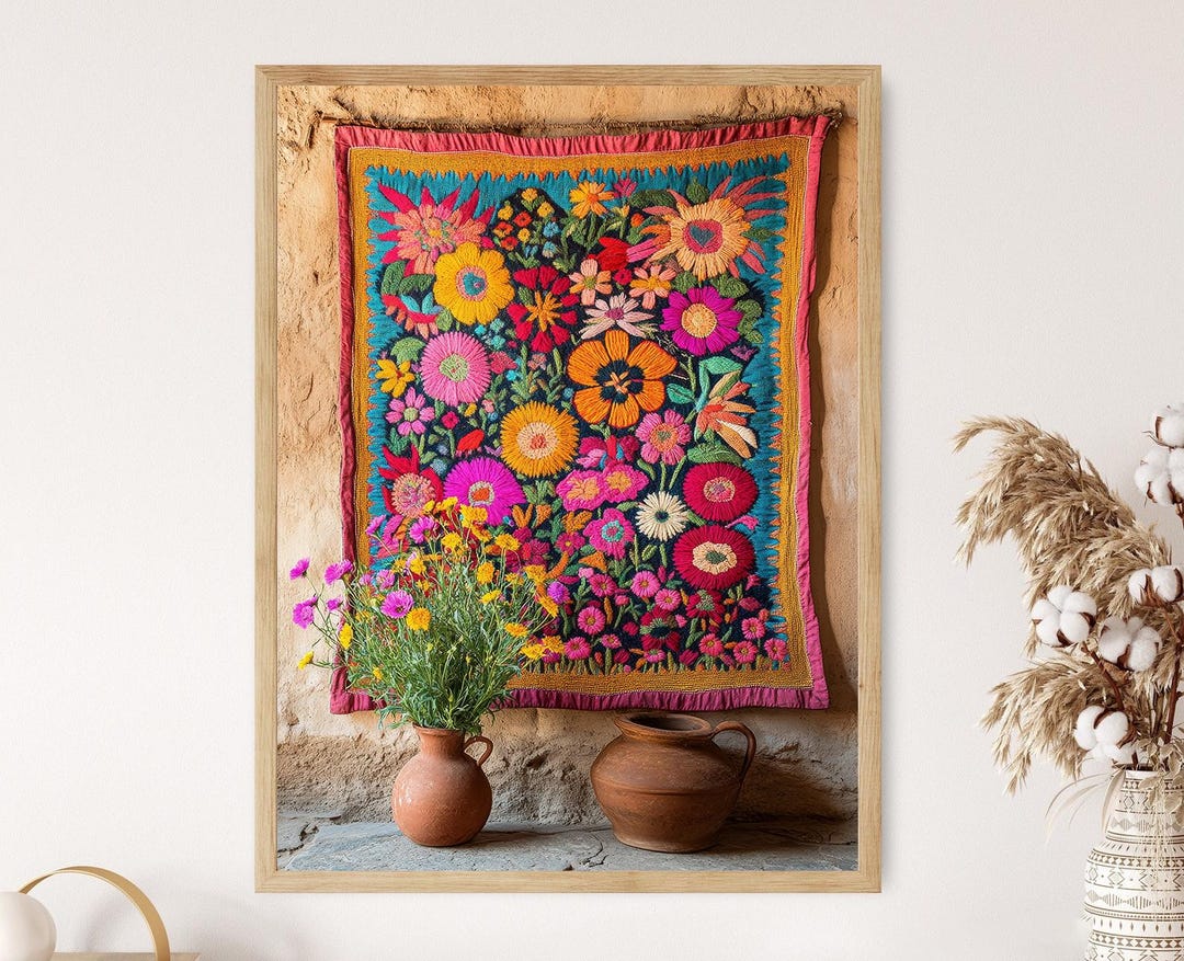 Mexican Otomi Tapestry Art Print, Floral and Animal Decor Poster - Etsy