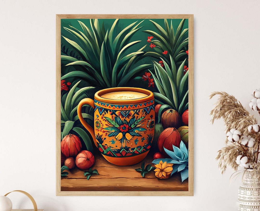 Mexican Pulque Art Print, Traditional Drink With Aztec Motifs and Agave ...