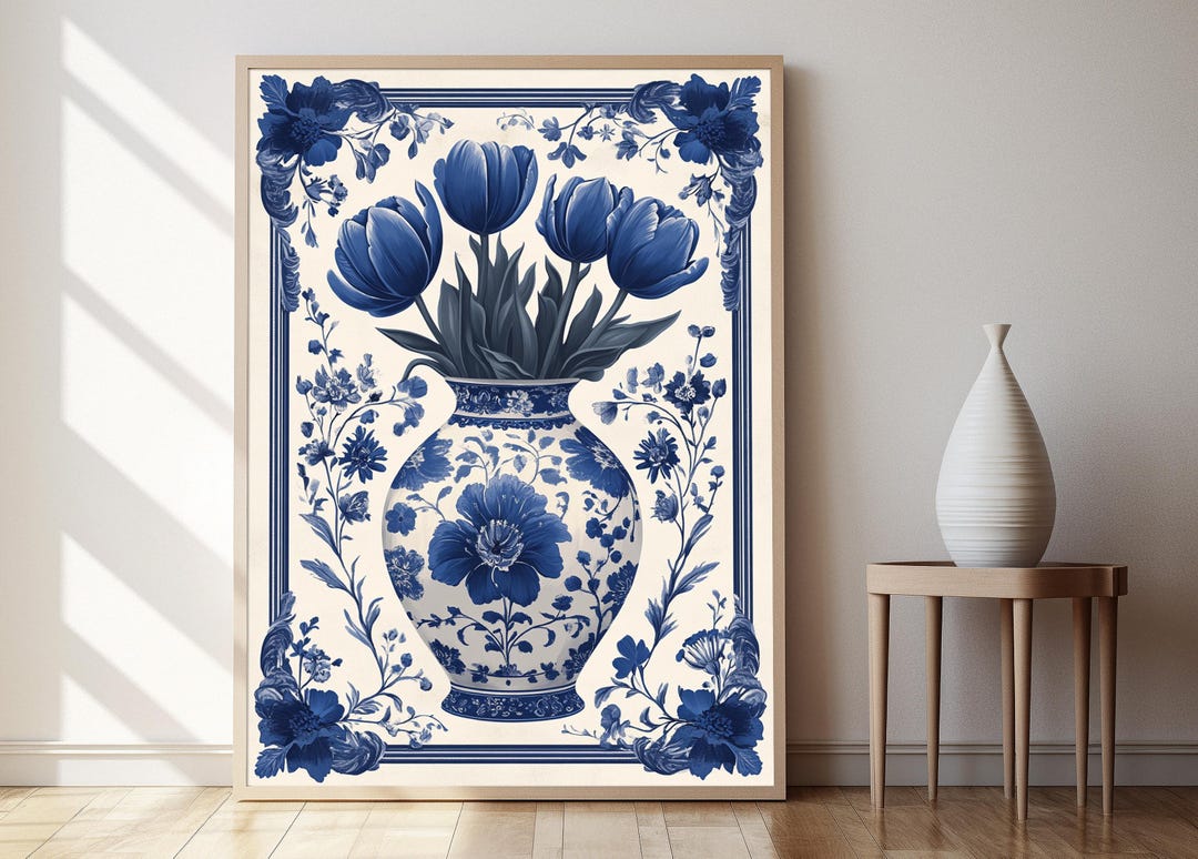 Delftware Tulip Vase Pattern Art, Traditional Blue and White Ceramic ...