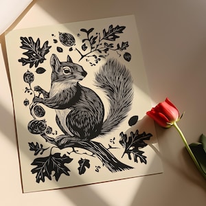 Squirrel Linocut Print, Nature-inspired Woodland Art, Handcrafted Home ...