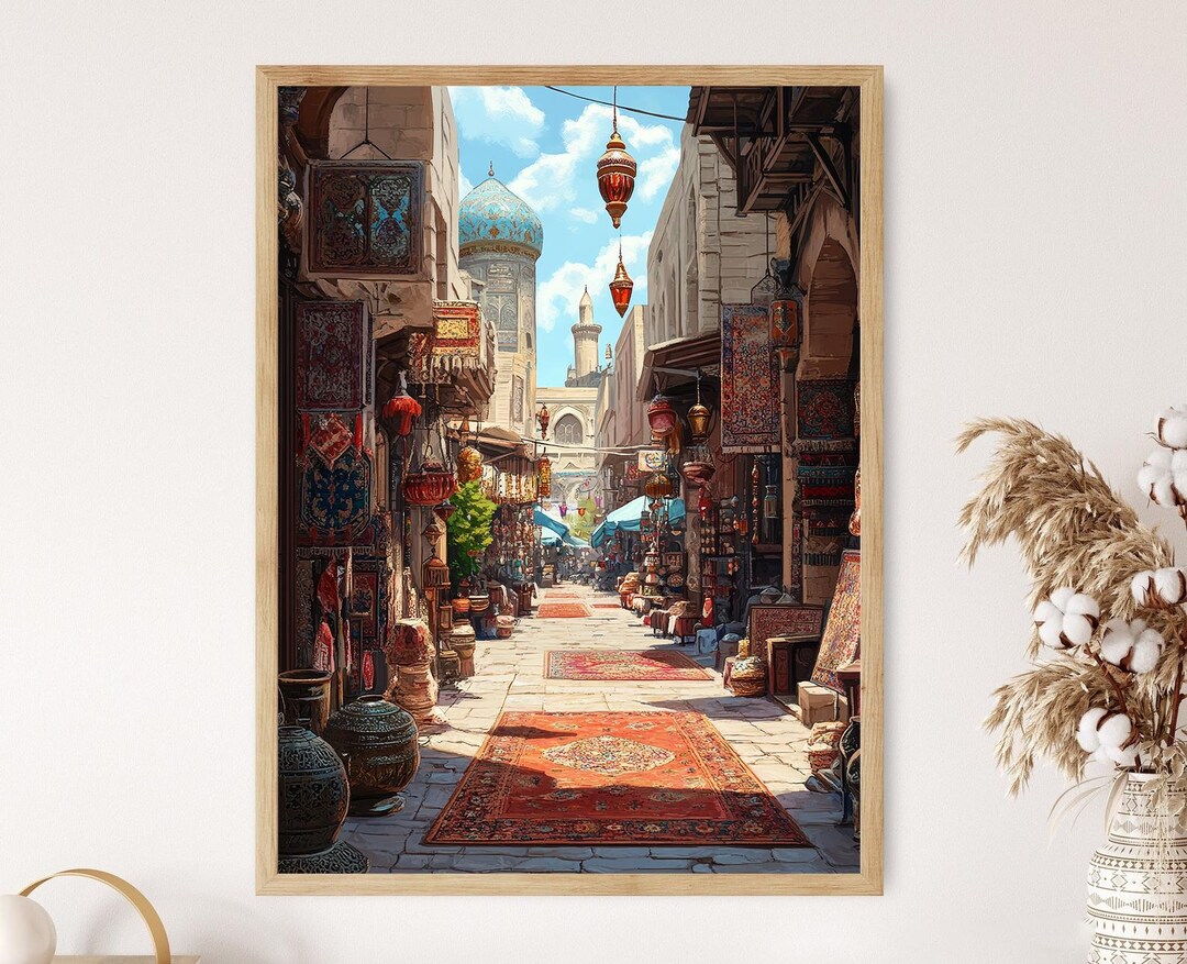 Tabriz Bazaar Illustration, Market View and Persian Rugs Art Print ...