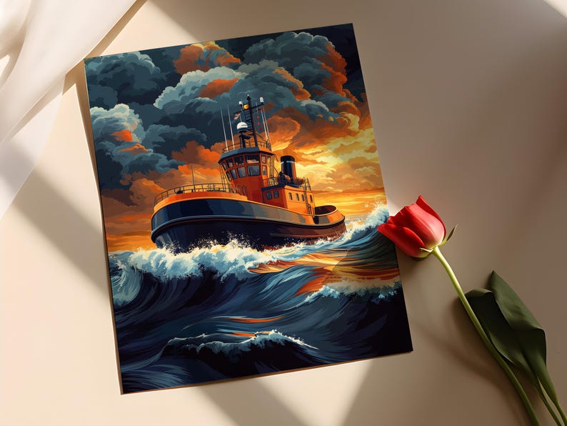 Bright Tugboat Towing Scene Poster, Bold Nautical Painting, Tug and ...