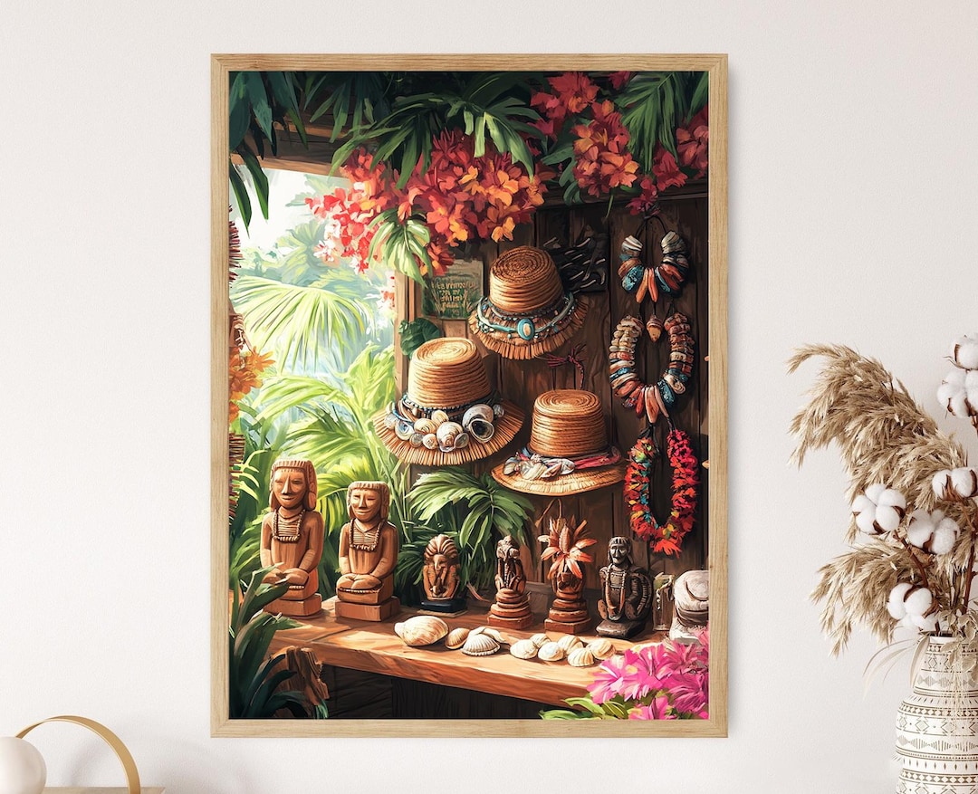 Tahitian Pandanus Y Tiki Carvings Art Print, Souvenir Stall Poster ...