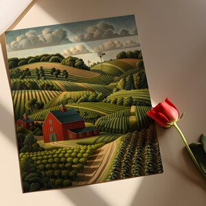 Grant Wood Inspired Farmstead Print: Rustic American Landscape Art - Etsy