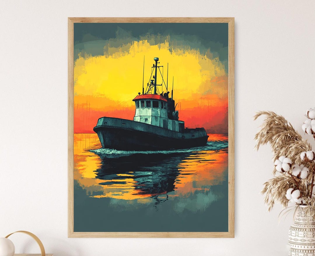 Rainbow Tugboat Poster, Playful Nautical Painting, Cheerful Marine Art ...