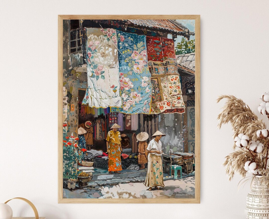 Yogyakarta Art Print, Batik Fabric Vendor Scene, Wall Decor, Unique ...