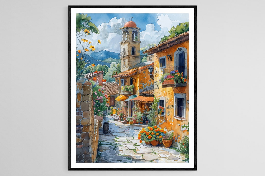 Colorful Mexican Village Square Watercolor Painting - Etsy