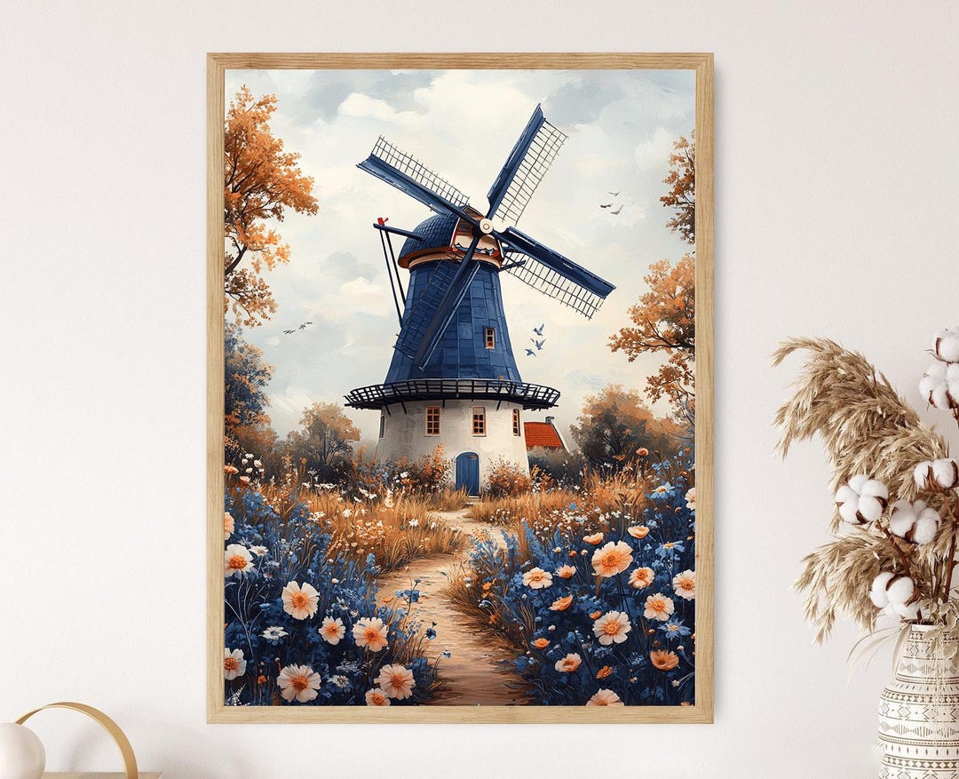 Dutch Windmill Art, Traditional Delftware Design Print - Etsy