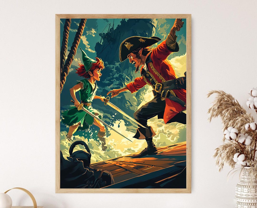 Peter Pan Vs. Captain Hook Art Print, Pirate Battle Scene, Storybook ...