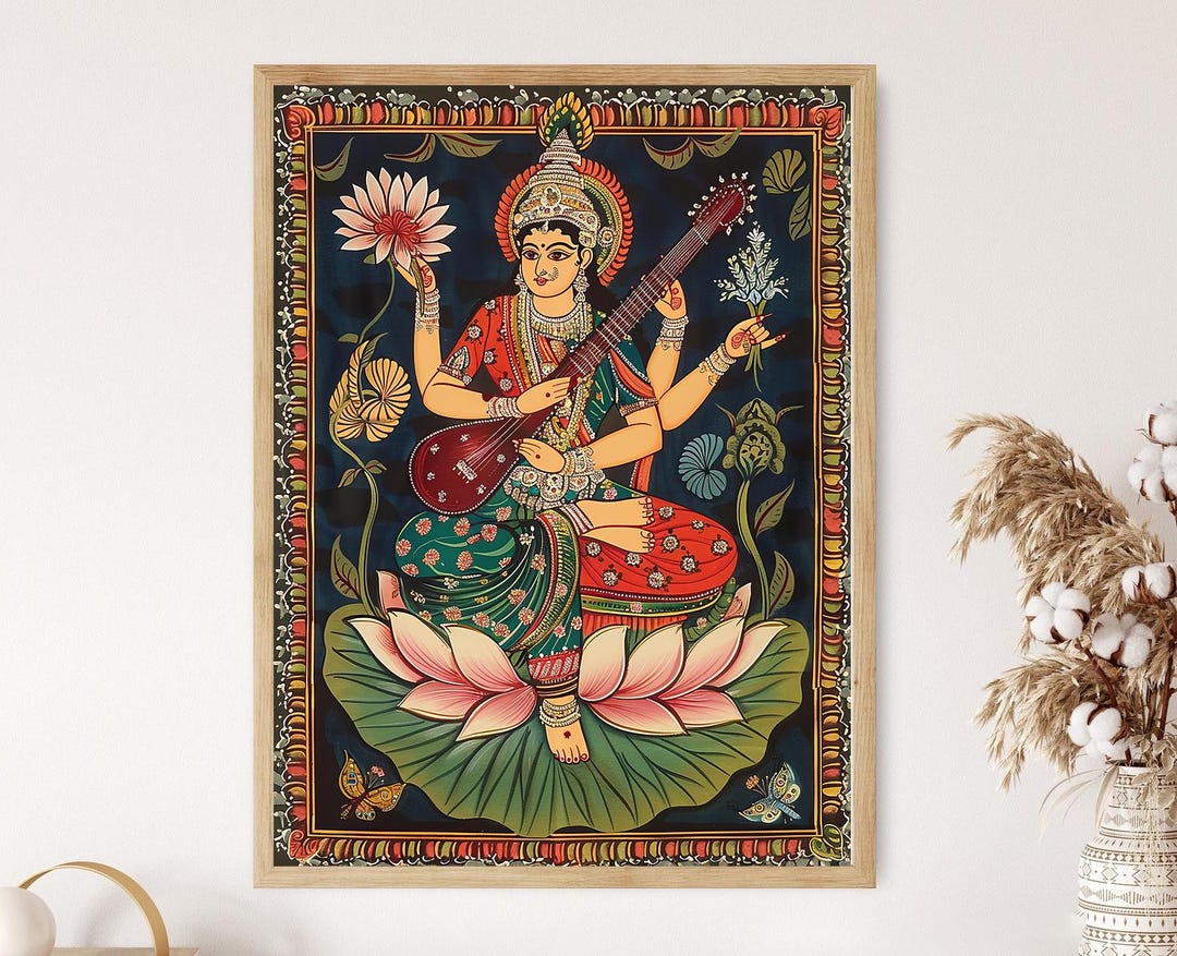Divine Saraswati Pattachitra Print, Intricate Indian Folk Art, Perfect ...