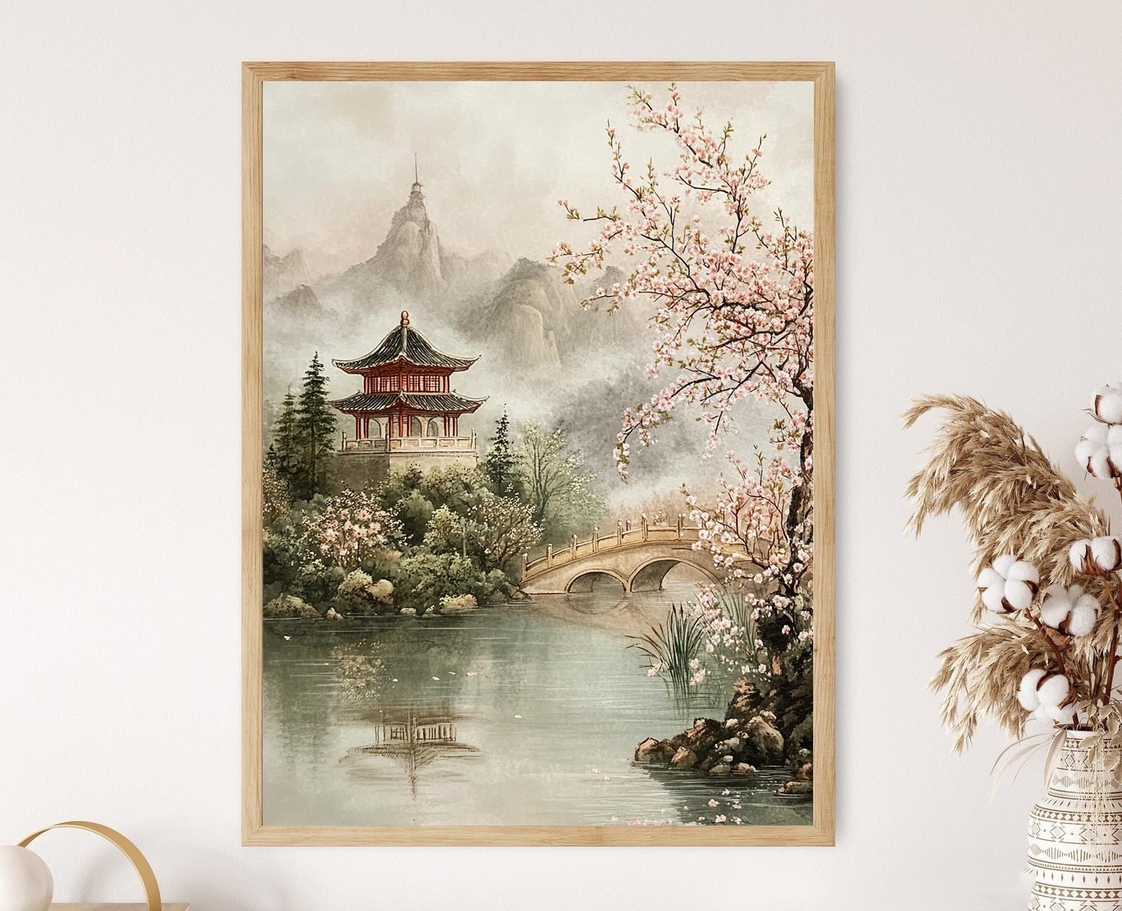Qing Dynasty Landscape Art Print, Traditional Chinese Garden, Pagodas ...
