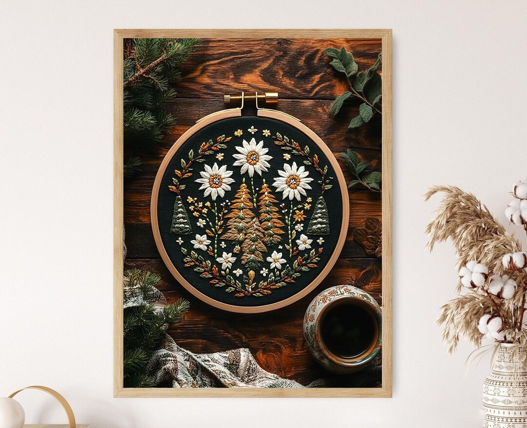 German Edelweiss Embroidery Art Print, Bavarian Wooden Hoop Poster - Etsy
