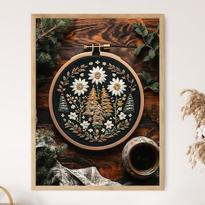 German Edelweiss Embroidery Art Print, Bavarian Wooden Hoop Poster - Etsy