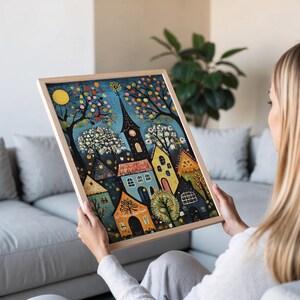 German Storybook Village Art Print, Rustic Naive Folk Art, Whimsical ...