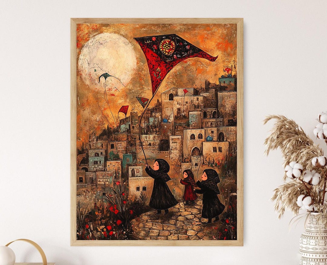 Palestinian Kite Flying Art Print, Children in Village, Cultural Hope ...