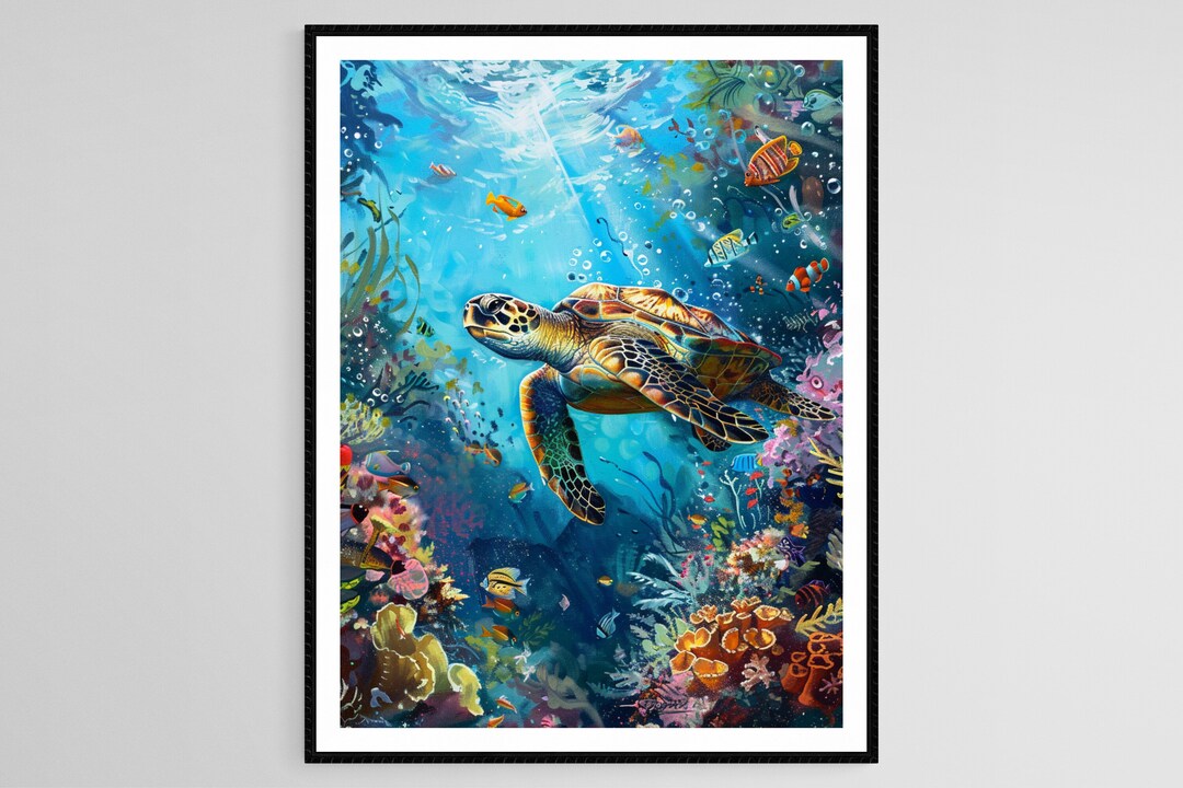 Hawaiian Honu Sea Turtle Painting, Vibrant Coral Reef Art Print ...