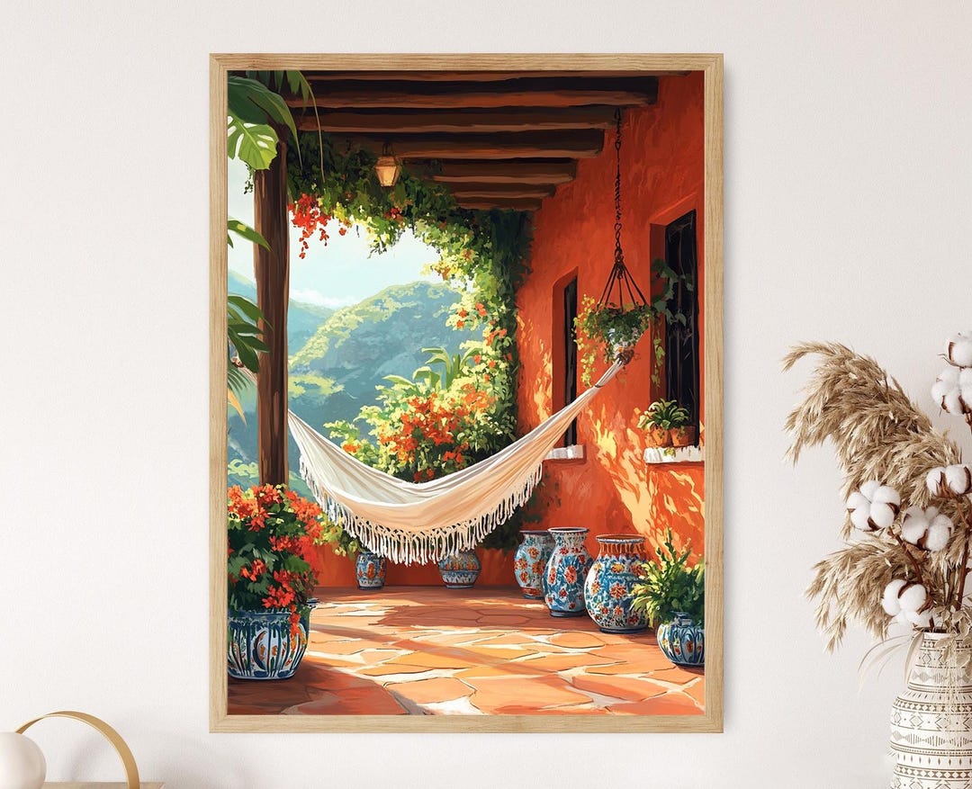 Salvadoran Patio Art Print, Hamaca Y Cerámica Poster, Tropical Decor ...