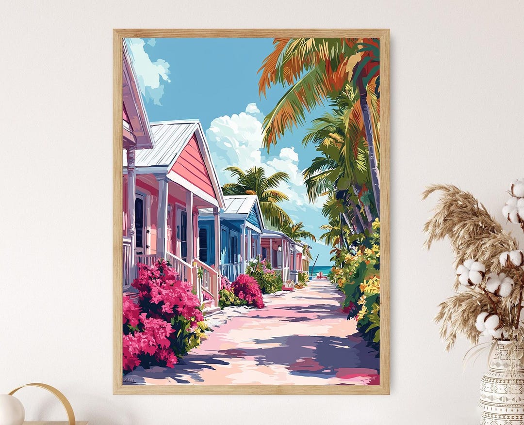 Key West Colorful Cottages Row, Tropical House Art Print, Florida ...