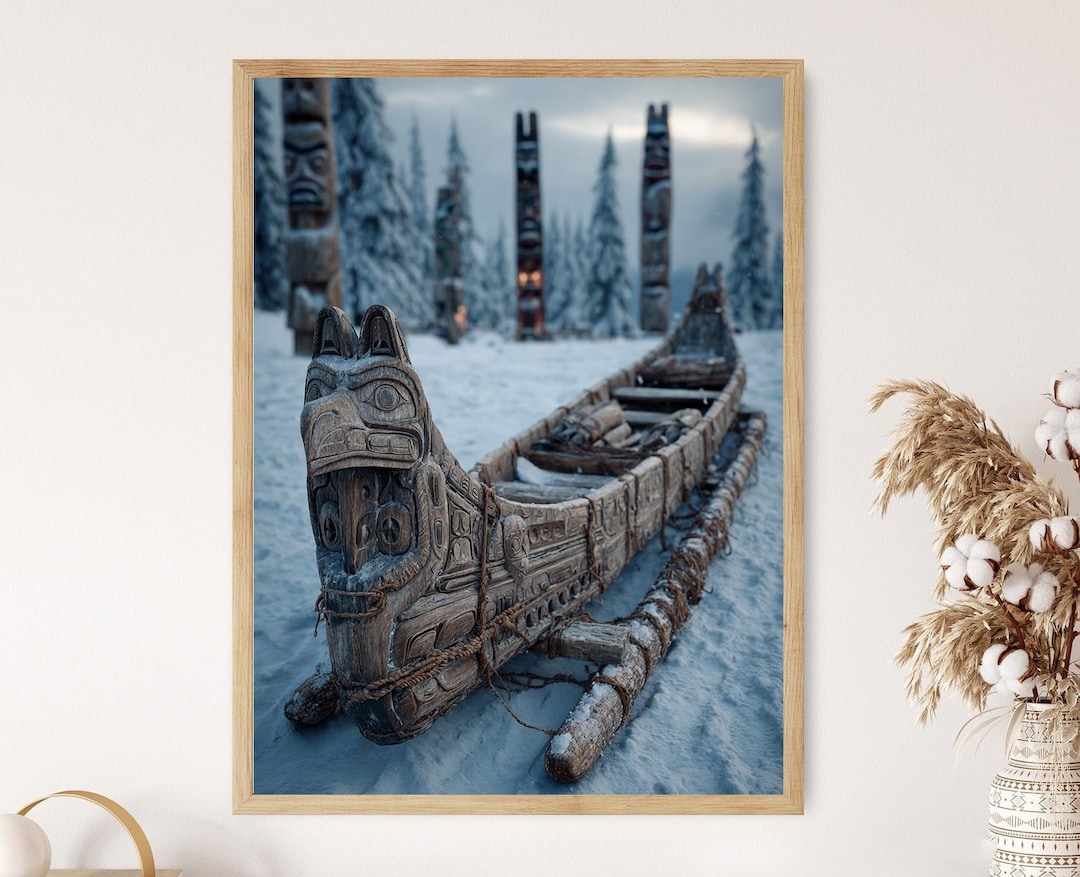Haida Sled Scene Art Print: Native Eagle & Bear Carving, Northwest ...