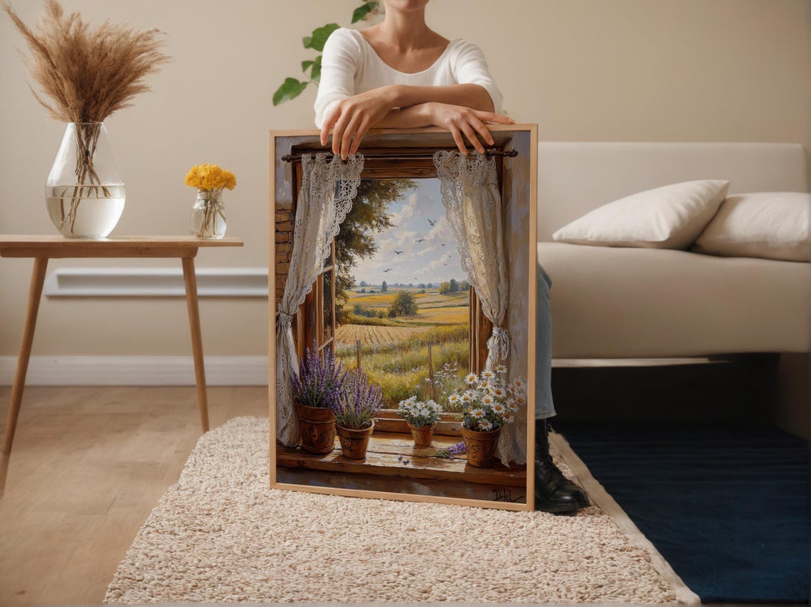 Cottagecore Window View Fine Art Print, Floral Curtain Painting ...