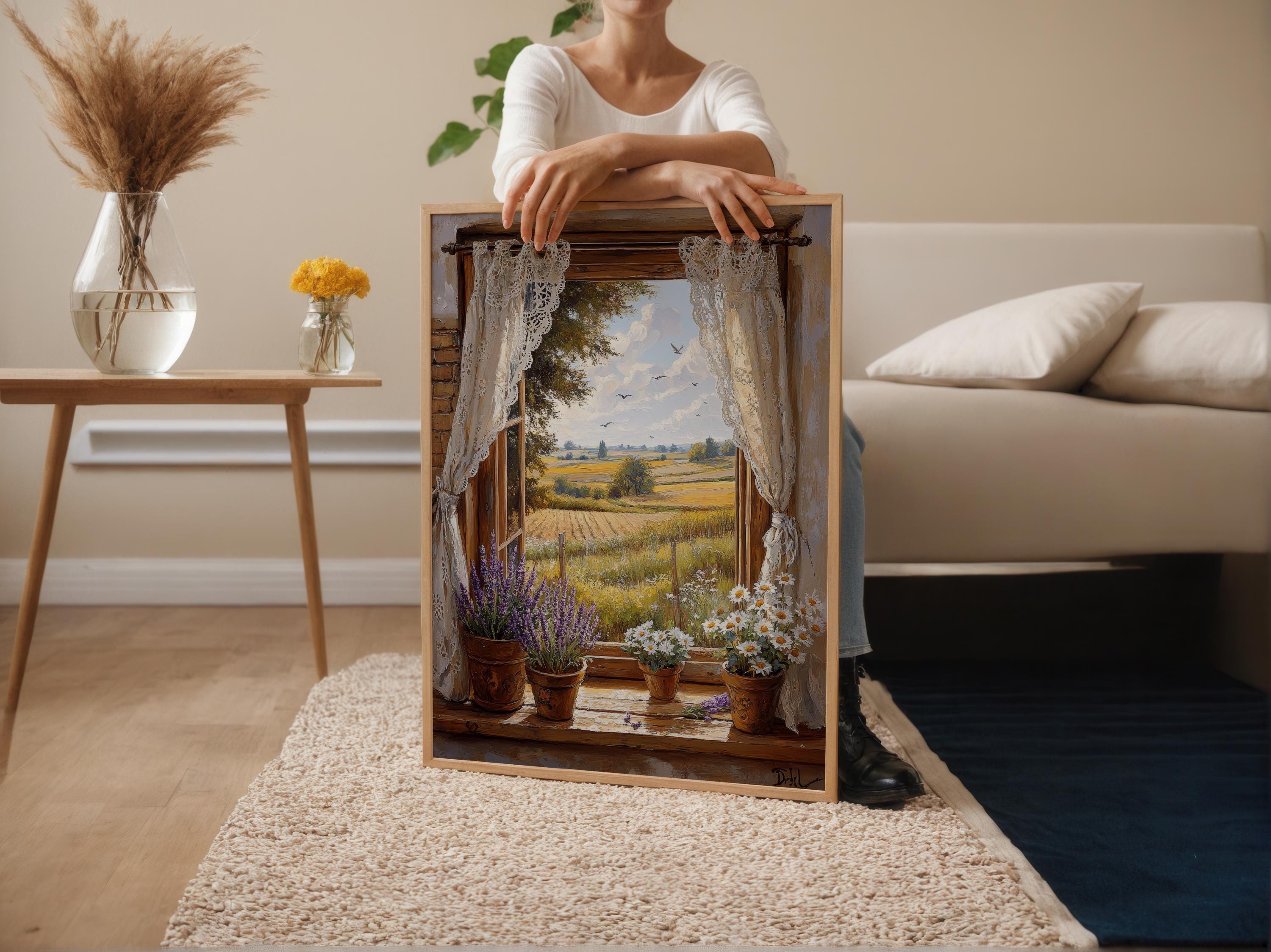 Cottagecore Window View Fine Art Print, Floral Curtain Painting ...