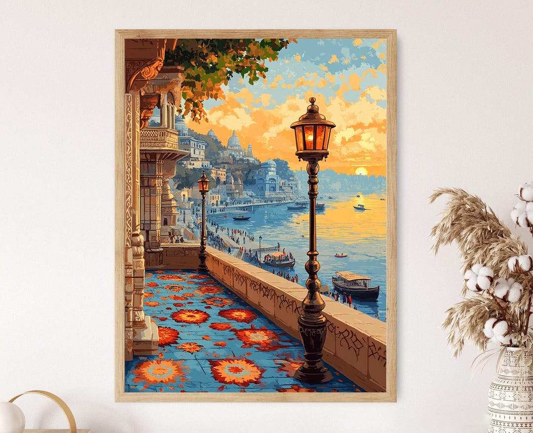 Varanasi Terrace With Rangoli Decor, Indian Spiritual Art, Ganges View ...