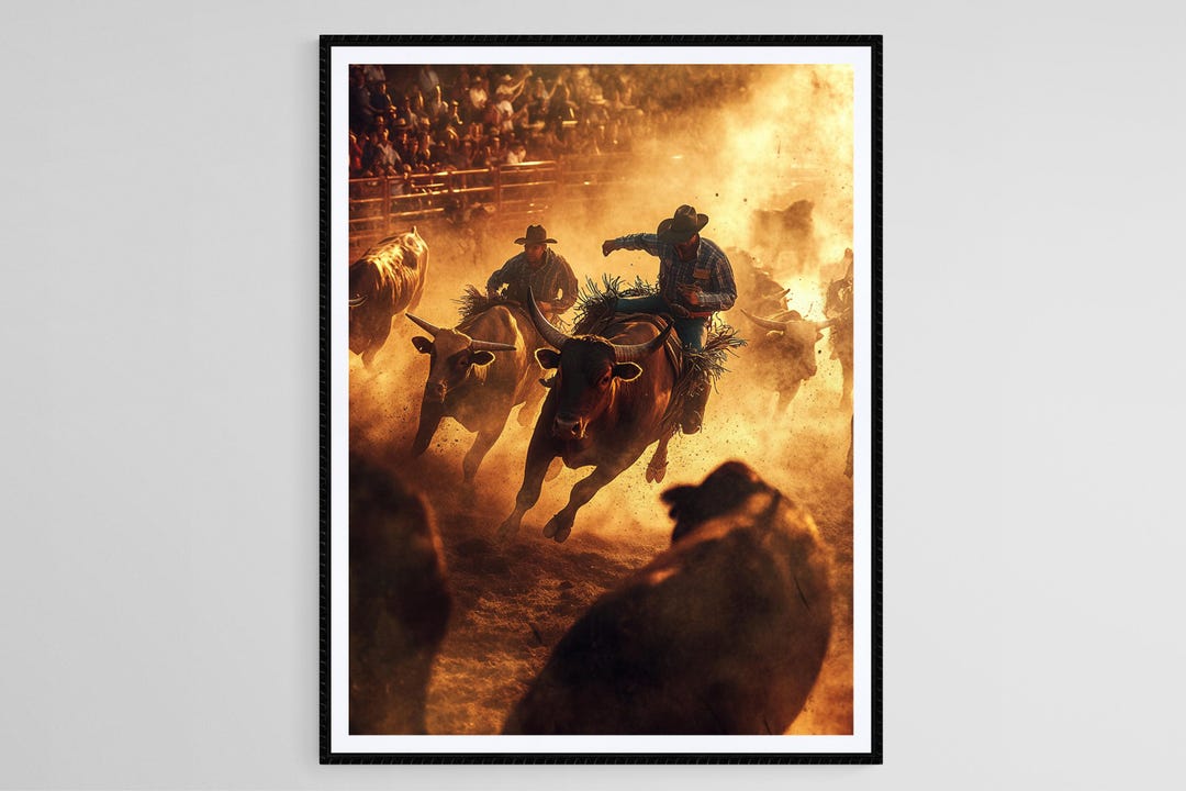 Texas Rodeo Art Print, Cowboys Riding Bulls, Western Event Scene - Etsy
