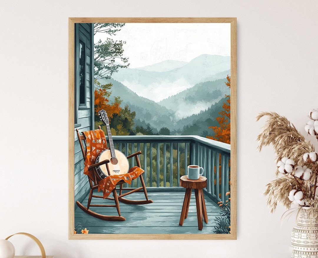 Appalachian Porch Scene With Banjo and Rocking Chair, Mountain View ...