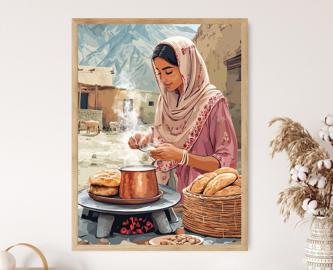 Afghan Woman Making Sheer Chai Art Print, Traditional Village Kitchen ...