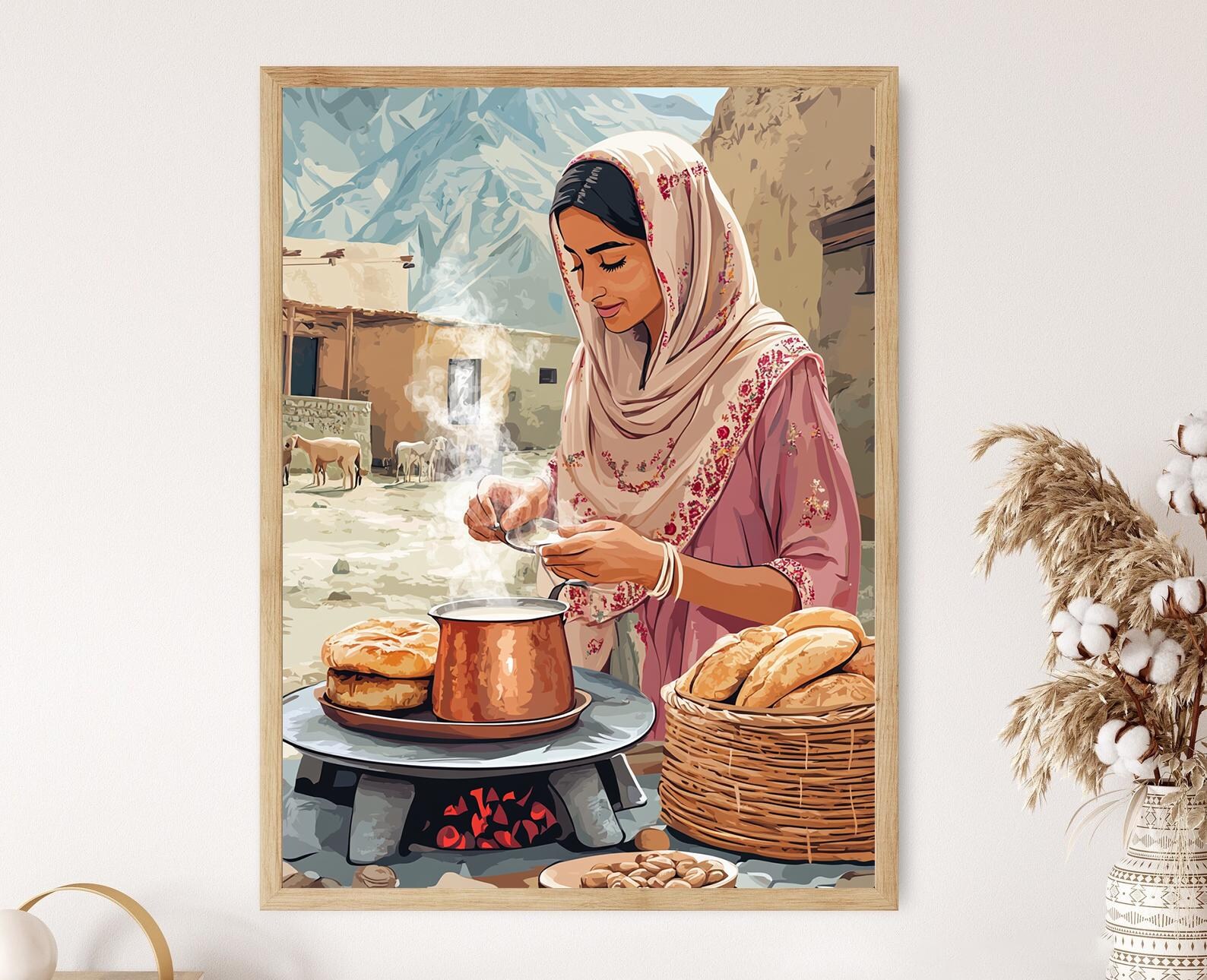 Afghan Woman Making Sheer Chai Art Print, Traditional Village Kitchen ...