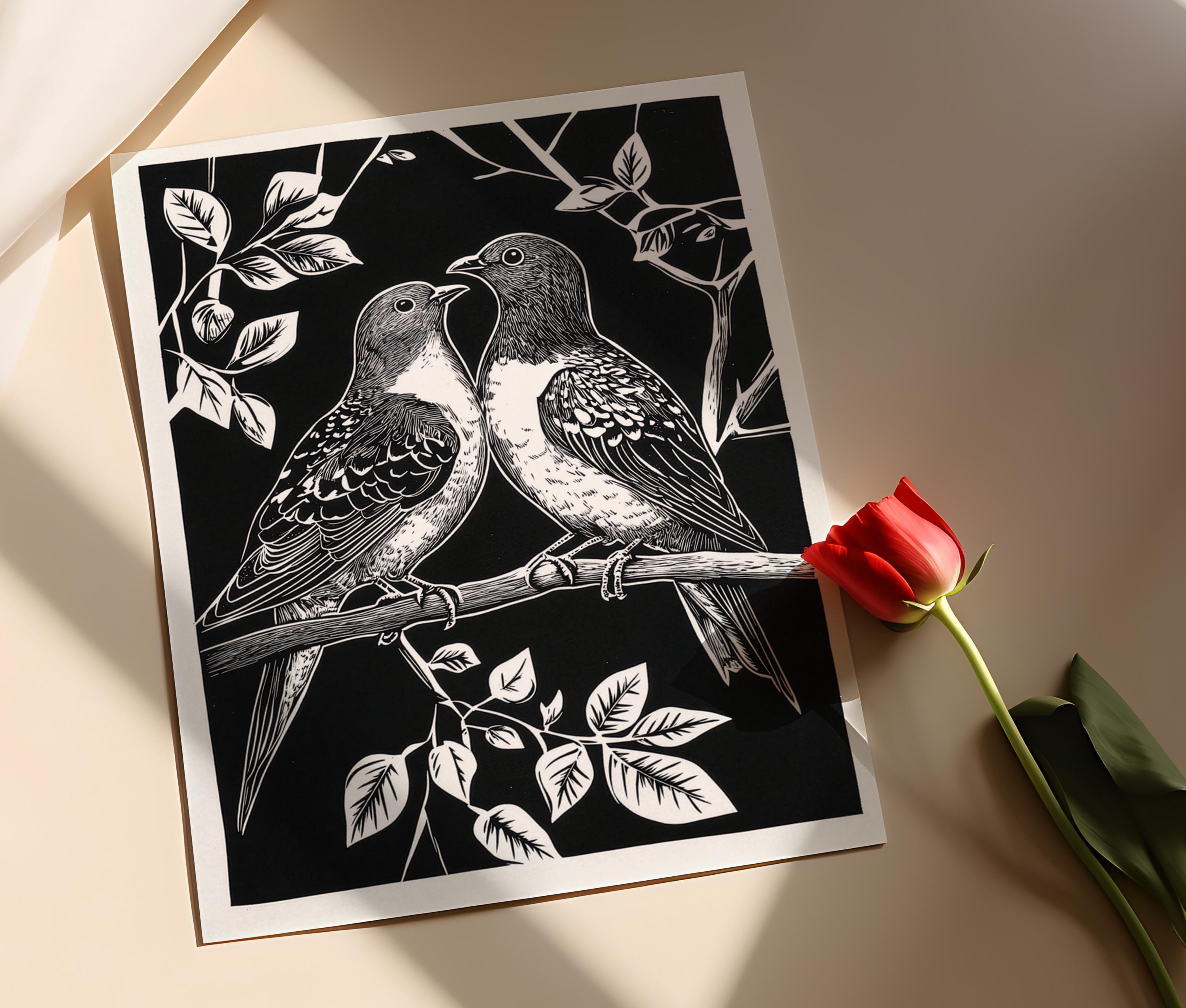 Two Birds Linocut Art, Black and White Nature Print, Handcrafted Bird ...