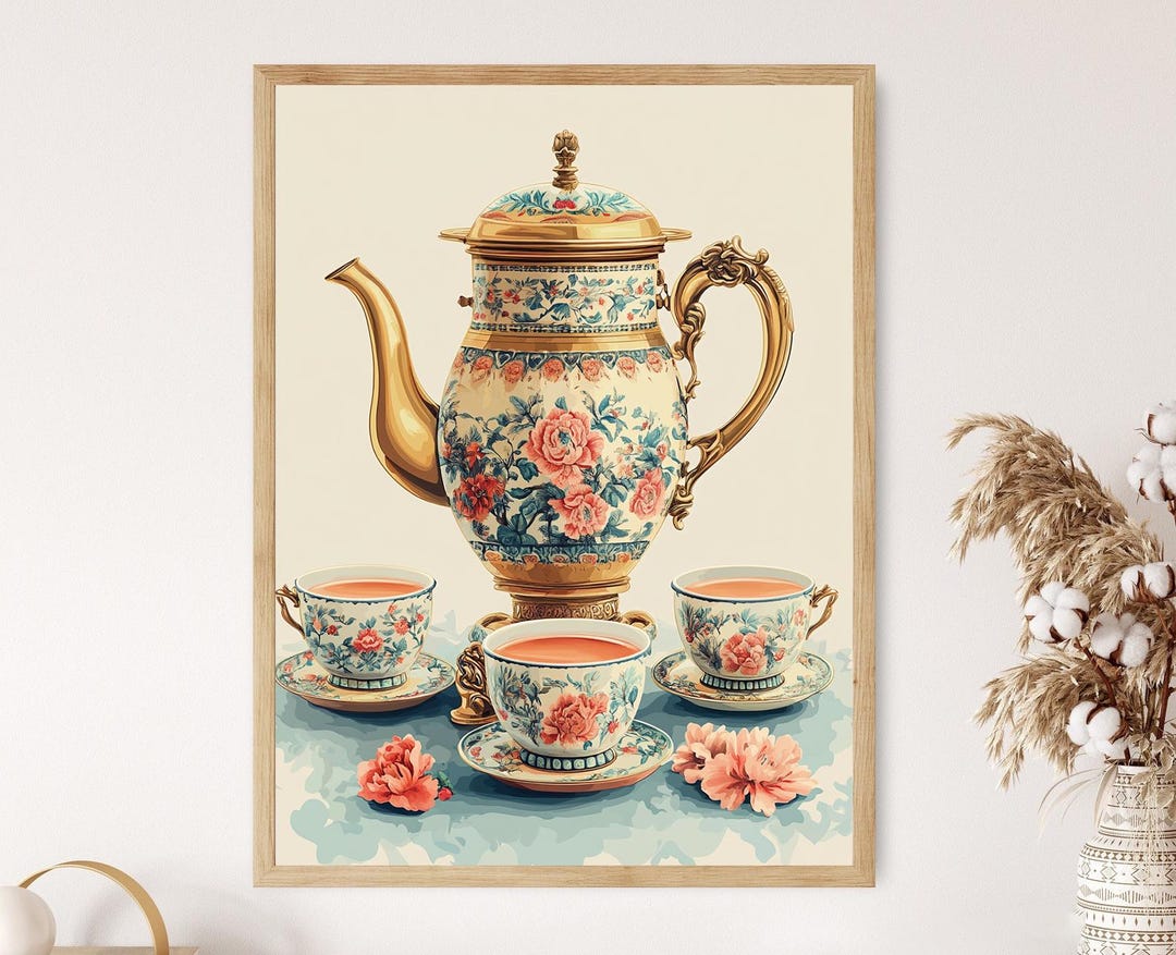 Afghan Tea Set Art Print, Traditional Brass Decor, Cultural Beverage ...