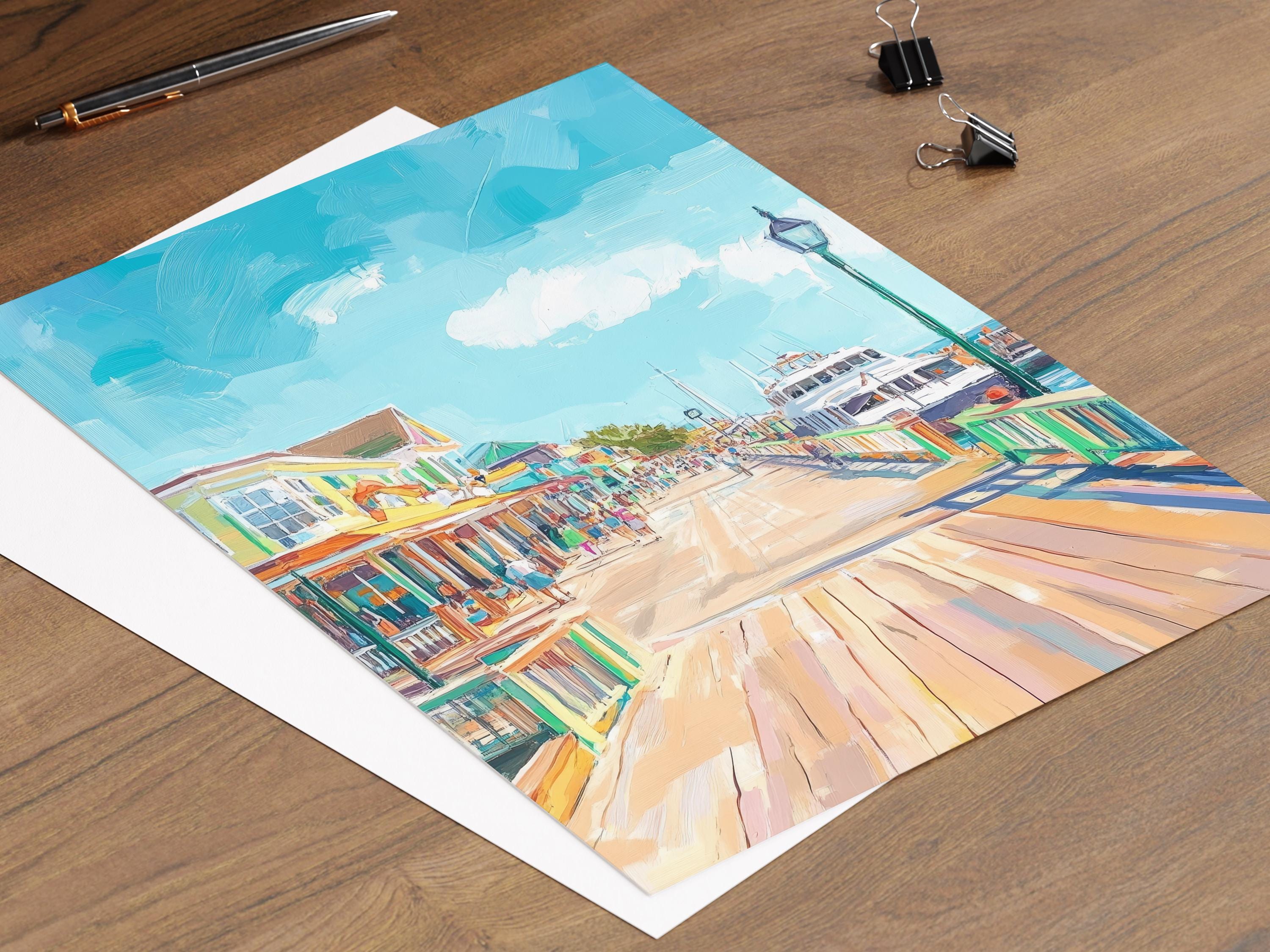 Vibrant Ocean City Boardwalk Art Print, Colorful Coastal Illustration ...