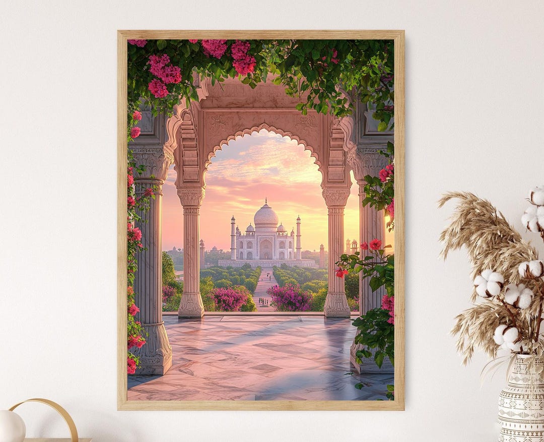 Agra Terrace With Mughal Arches, Indian Heritage Art, Taj Mahal View ...