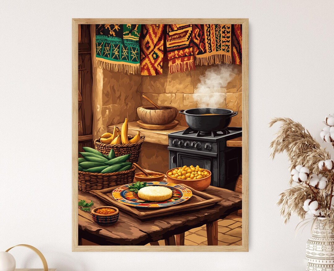 Ghanaian Rustic Kitchen Art Print, Traditional Cooking Scene, Kente ...