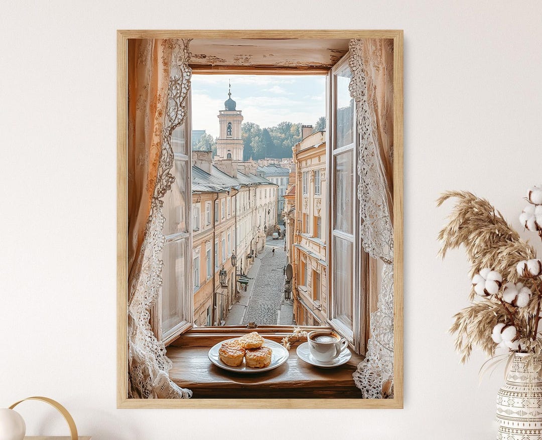 Lviv Window Poster: Cobblestone Streets, Cathedral Tower and Syrnyky ...