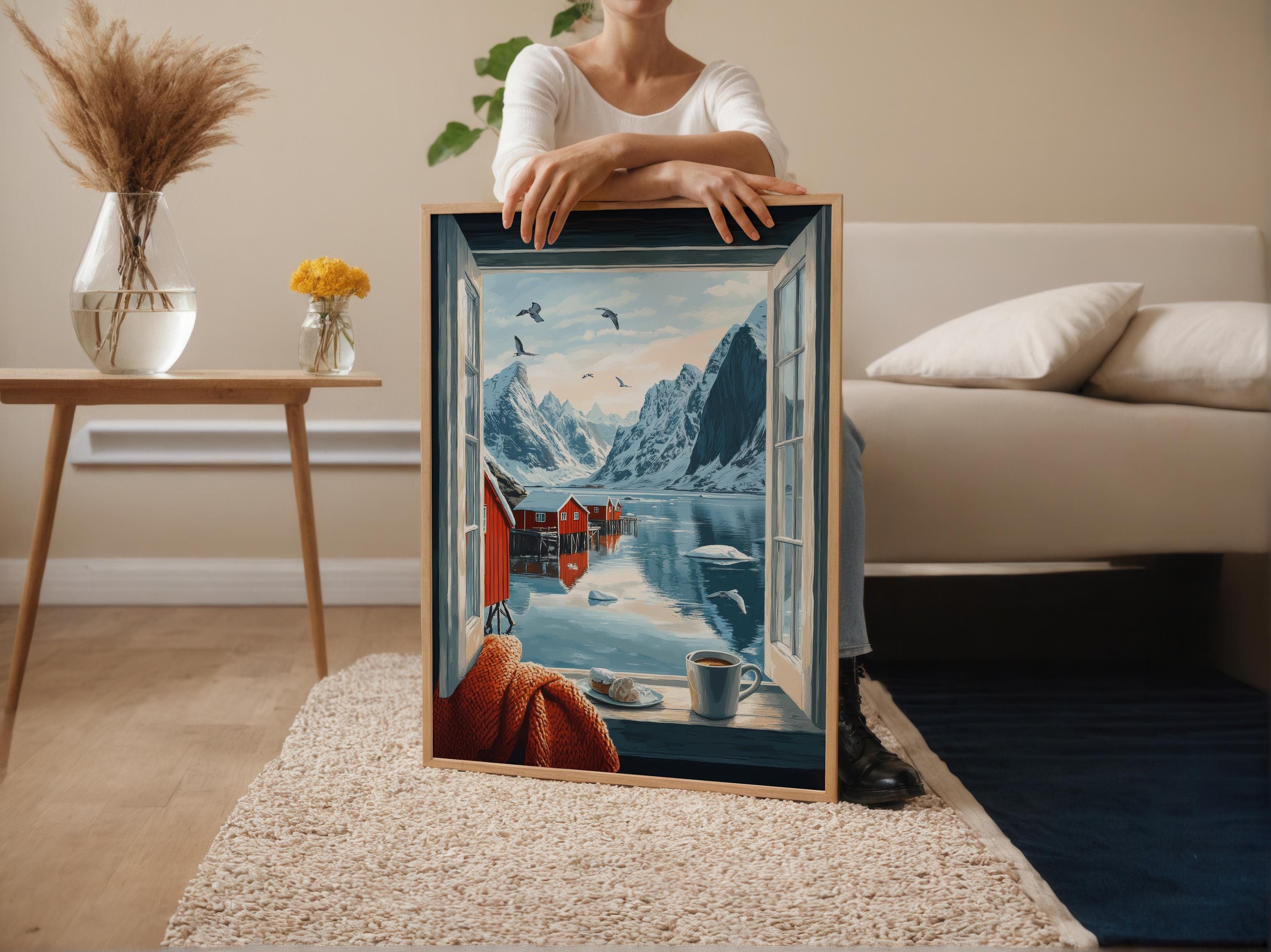 Lofoten Islands Art Print: Arctic Fjord, Red Cabins, Snowy Peaks - Etsy