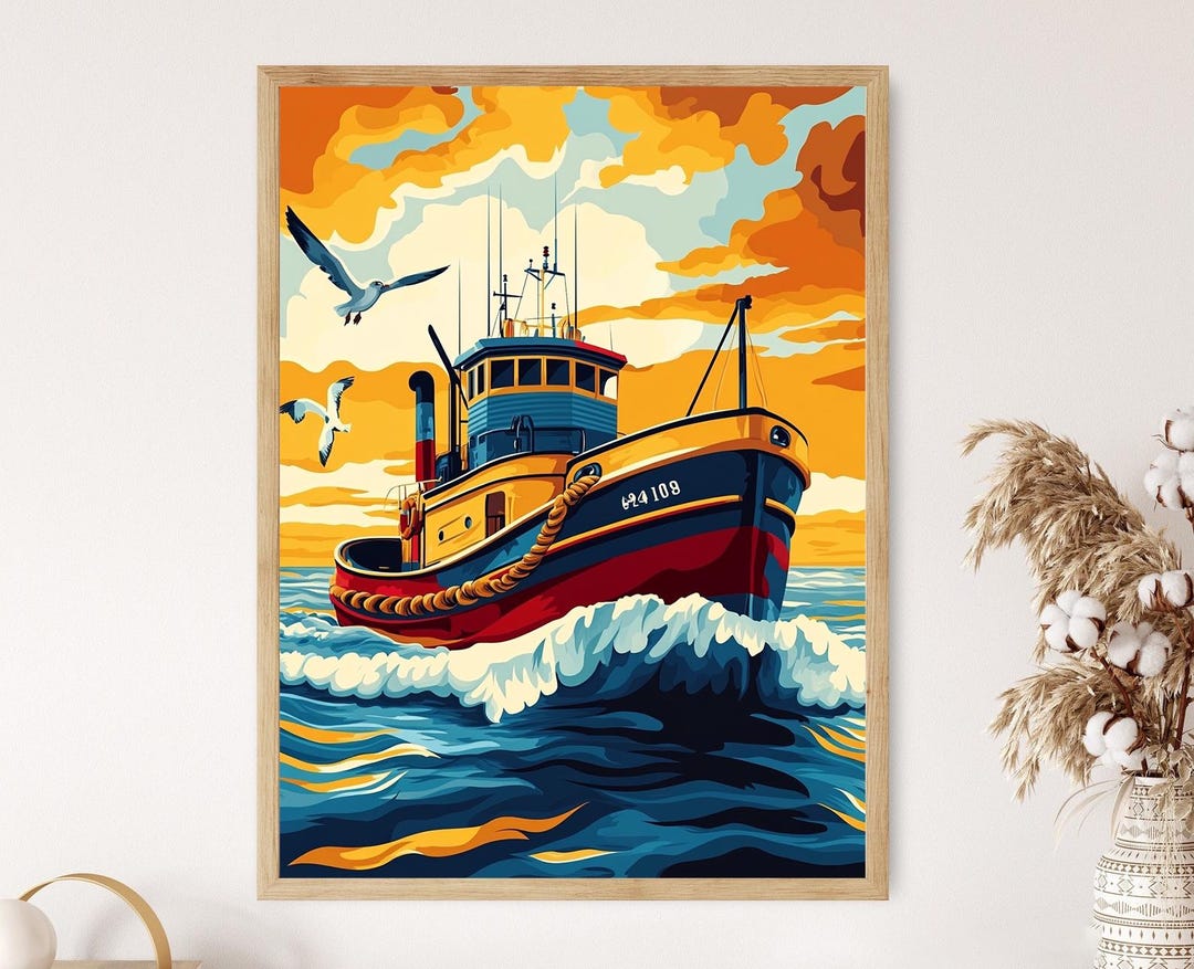 Colorful Vintage Tugboat on Calm Sea Poster, Nautical Sunset Painting ...