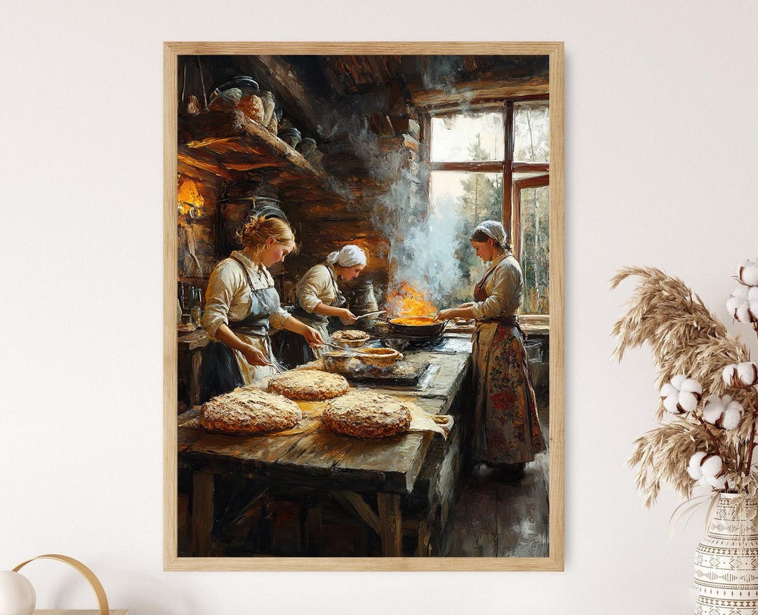 Rustic Russian Kitchen Print - Slavic Bread Making Art Decor - Cozy ...