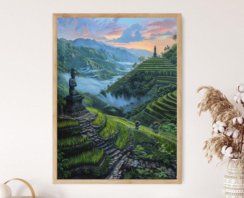 Impresión de la estatua de Bulul y las terrazas de arroz de Banaue ...