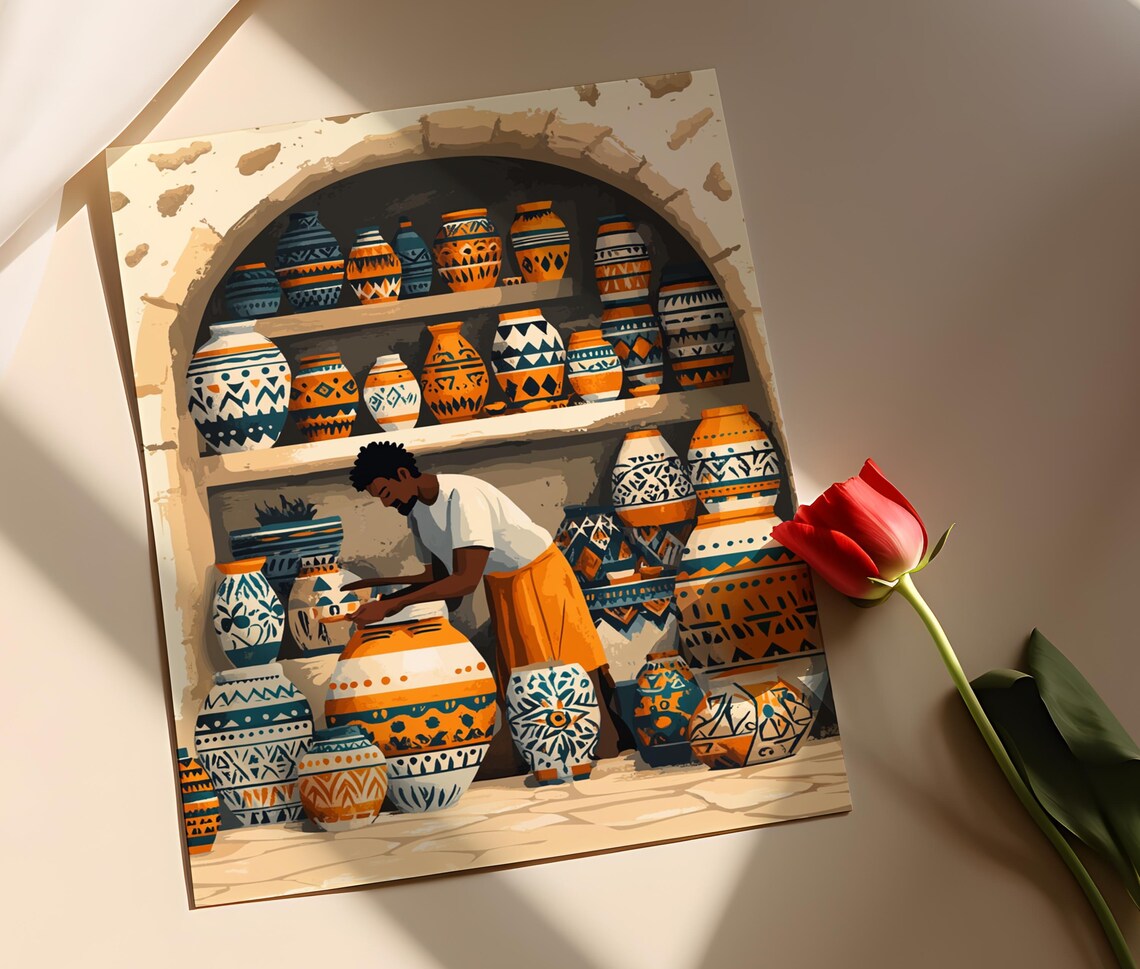Sudanese Pottery Art Print, Flat Vector Illustration, Traditional Craft ...