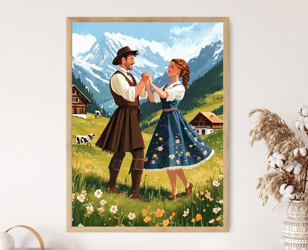 German Ländler Dance Art Print, Alpine Village Scene, Traditional ...