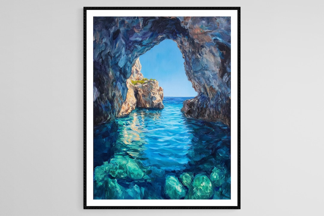Blue Grotto Art Print, Dramatic Sea Cave, Crystal Waters, Rugged ...