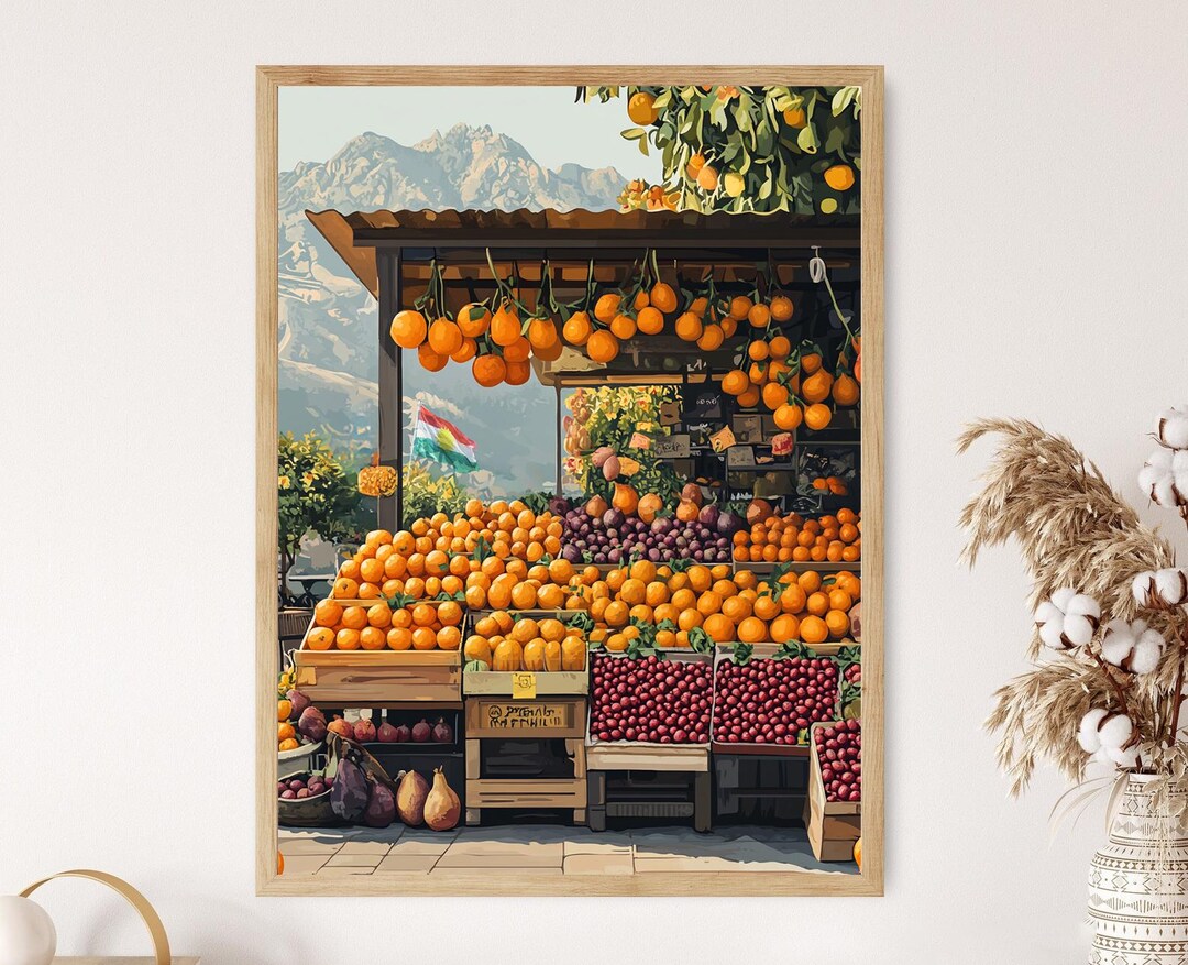 Halabja Fruit Market Scene With Oranges and Mountain View, Peaceful ...