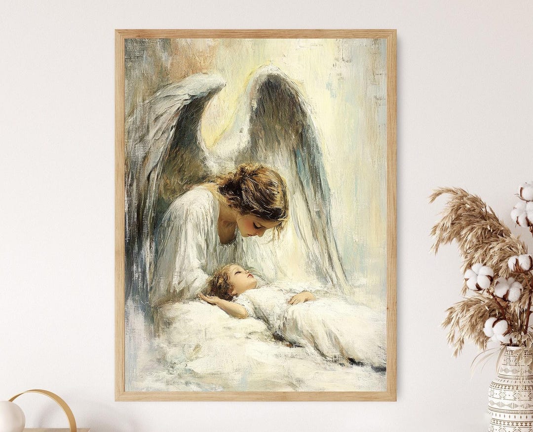 Guardian Angel Watching Over Child Art Print, Gentle Protection ...