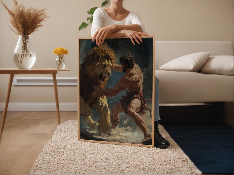 Hercules and Nemean Lion Art Print, Greek Mythology Hero Wall Decor ...