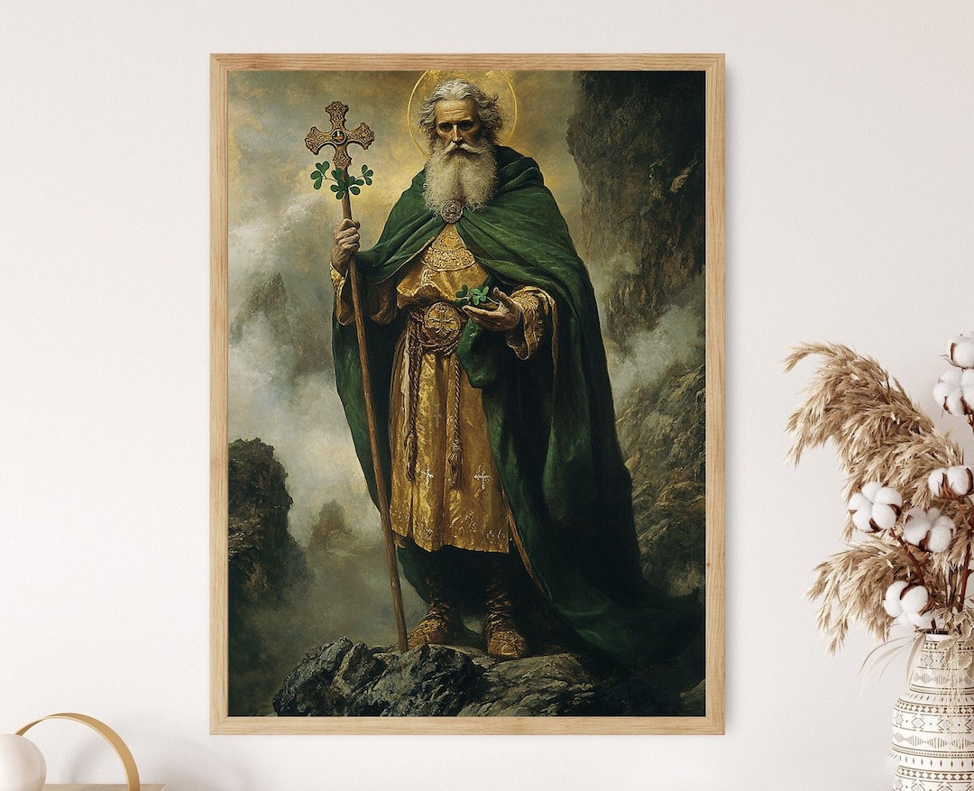 Saint Patrick Painting, Celtic Cross and Shamrock, Irish Religious Art ...