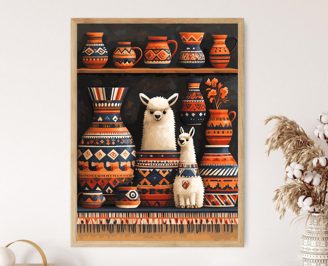 Andean Textile Art Print: Peruvian Geometric Pottery & Alpaca Motif - Etsy